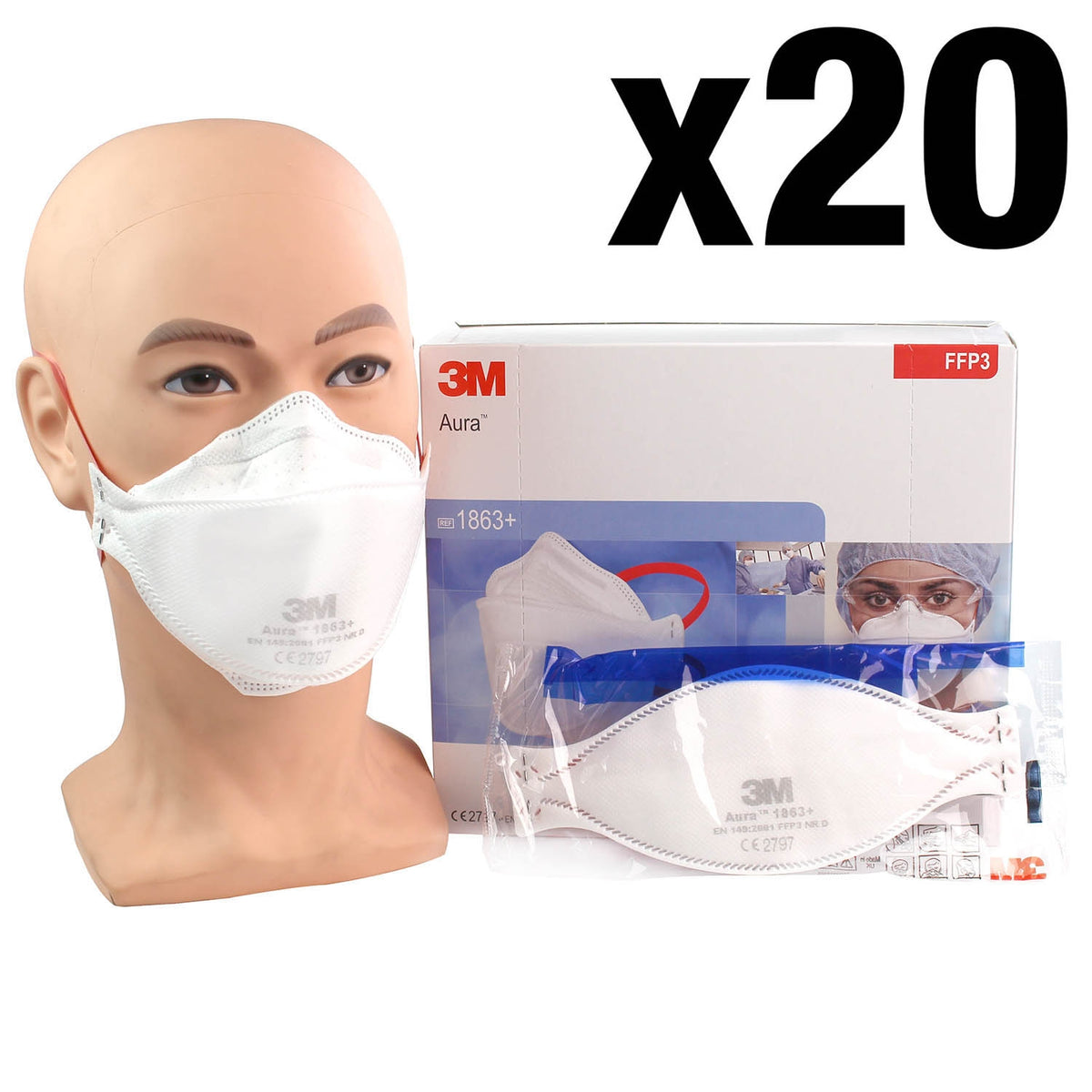 3M™ 1863+ Aura™ Disposable Healthcare Respirator, FFP3 +IIR - Box of 2